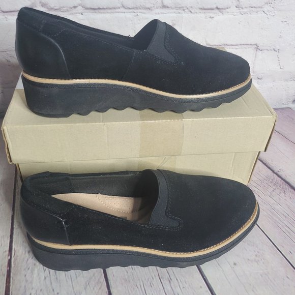 Clarks | Shoes | Clarks Sharon Dolly Black Suede Wedge Shoe | Poshmark
